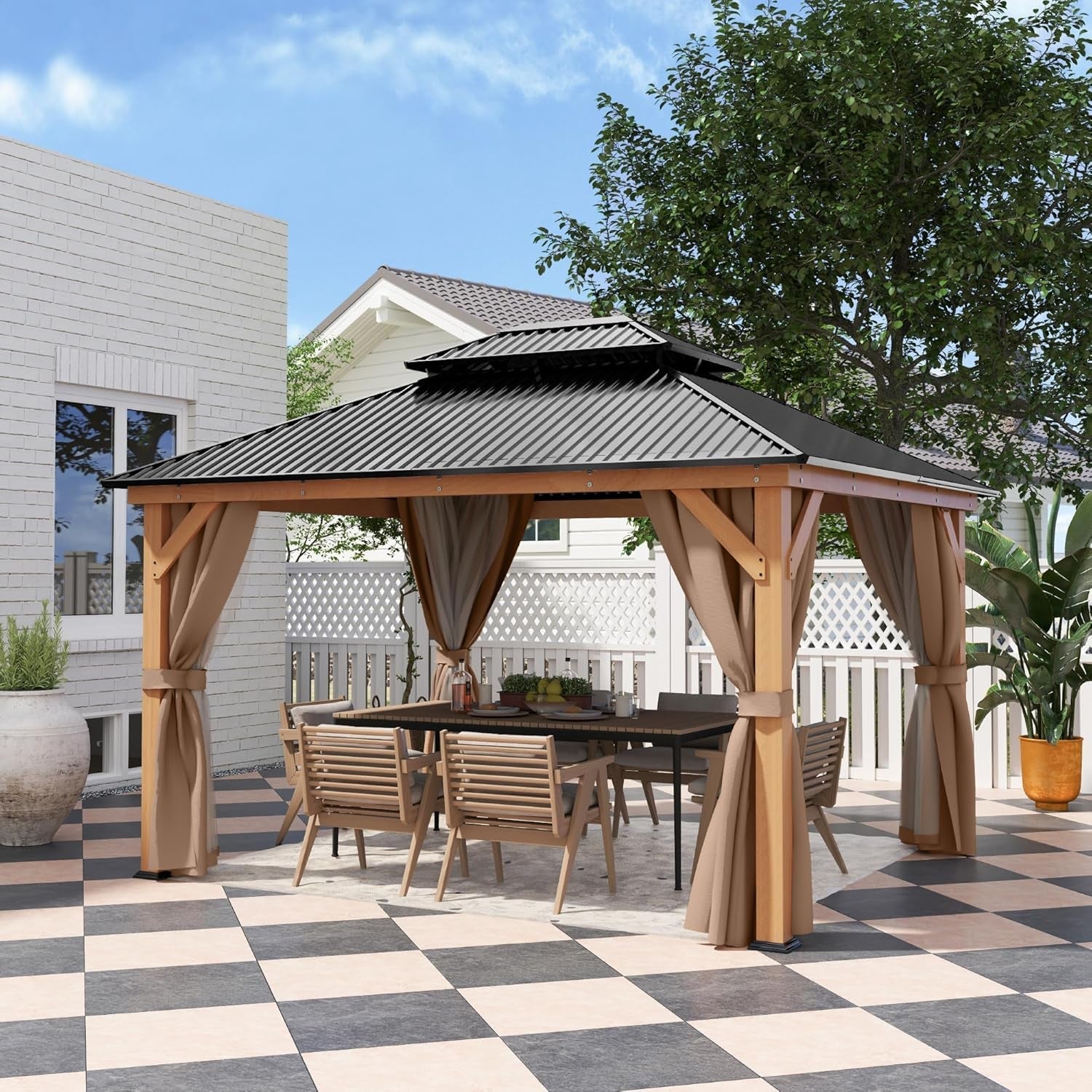 11X13 Wood Gazebo, Outdoor Hardtop Gazebo with Netting and Curtains, D ...